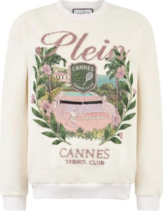 Philipp Plein Femme, Sweatshirts et sweats &agrave; capuche, Beige, Taille: 42 FR Washed SweaT-shirt Cannes Tennis Club