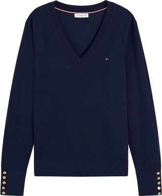 Tommy Hilfiger Femme, Pulls, Bleu, Taille: 38 FR CO Jersey Fine GG V-neck Long Sleeve Sweater