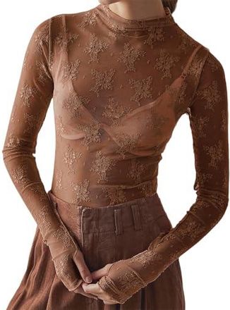 Generic T-shirt transparent en dentelle florale avec trou pour le pouce pour femme, chemisier en dentelle à manches longues et col montant, Brun rougeâtre, XL
