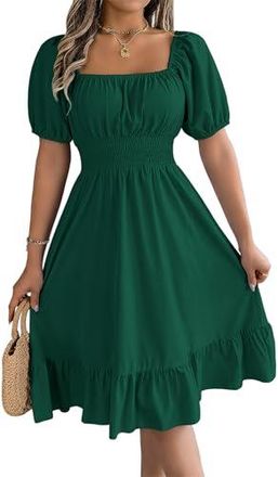 Generic Robe d&eacute;t&eacute; d&eacute;contract&eacute;e &agrave; manches bouffantes avec col carr&eacute;, manches courtes, taille ajust&eacute;e, ourlet &agrave; volants, robe d&eacute;t&eacute; midi trap&egrave;ze, Vert-1, XL