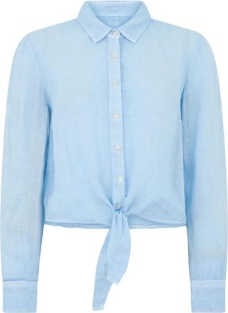 120% Lino Femme, Blouses et Chemises, Bleu, Taille: 40 FR Chemisier en lin &agrave; manches longues et imprim&eacute; floral avec &agrave; lourlet avant