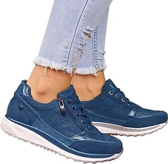 Onsoyours Damen Freizeitschuhe Mode Wedge Heel Flache Schuhe Reißverschluss Schnürsenkel Bequeme Damen Sneakers Weibliche Vulkanisierte Schuhe Blau 41 EU
