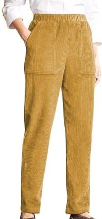 Generic Pantalon décontracté en velours côtelé taille haute élastique à enfiler avec poches pour femme, jaune, XXL