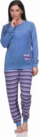 Normann Magnifique pyjama en tissu &eacute;ponge pour femme avec poignets et motif coeur - &eacute;galement dans les grandes tailles, bleu, Small