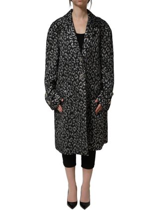 Dolce & Gabbana Womens Black Silver Jacquard Leopard Coat Jacket Polyester Acrylic Wool Clothing