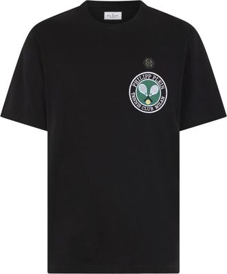 Philipp Plein Homme, Tops, Noir, Taille: L T-Shirt Col Rond Patch Tennis