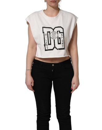 Dolce & Gabbana Womens White Cotton Dg Logo Print Cropped Jersey Top