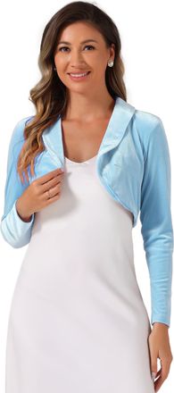Allegra K Damen Samt Bolero Cocktail Offen Vorderseite Velvet Crop Jacke Elegant Festlich Shrug Hellblau S