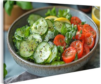 Islandburner Bild auf Leinwand Frischer Gurken und Tomaten Salat mit Kräutern für Küche Gesundheitsbewusste Restaurant Bilder Wandbilder Poster