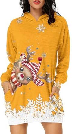 Generic Robe De Noel Femme Manches Longues, Robes De Noël pour Femmes A Capuche Mini Imprime Decontracte Costume De Pere Noël Coupe Tendance Cocktail Dress Lo