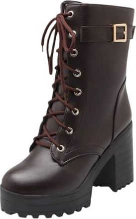 Generic Bottines pour Femme &agrave; Lacets Talon Bloc Plateforme Bout Rond Bottes Courtes Elegant Style Britannique Antid&eacute;rapante Bottines Talon Haut D&eacute;contract&eacute;e L