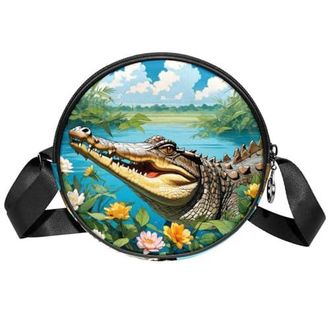 Generic Sac &agrave; bandouli&egrave;re rond pour femme, petit sac &agrave; bandouli&egrave;re crocodile avec fermeture &eacute;clair, bretelles r&eacute;glables, sac &agrave; main rond d&eacute;contract&eacute; pour femm