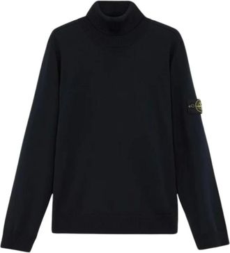 Stone Island Homme, Pulls, Bleu, Taille: 2XL Pull Col Roulé avec Bords Côtes