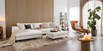 Studio Copenhagen home24 Ecksofa mit Longchair Beige/Hellbeige Webstoff Caya 321 x 83 x 170cm Longchair davorstehend links ohne Schlaffunktion mit Hocker Modern