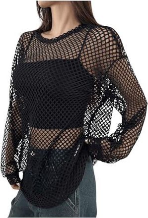 SOLY HUX Haut en maille transparente &agrave; manches longues pour femme - Tenue de f&ecirc;te - Haut ample en maille, Noir, L