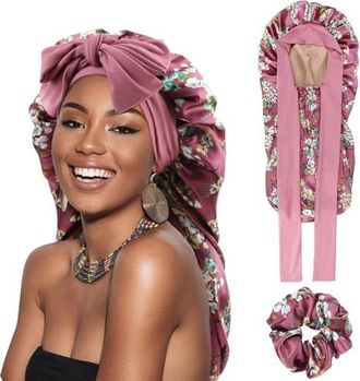 Dreshow Bonnet Long en Satin Tressé pour Femme - Bonnet de Sommeil en Soie avec Bande Élastique pour Cheveux Longs, Bouclés et Locs