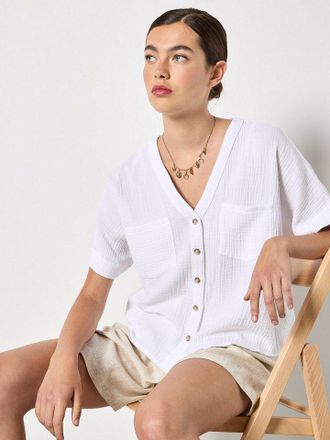 Apricot Blusentop Strukturierte Bluse mit V-Ausschnitt Einfarbig