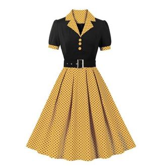 Generic Robe d&eacute;t&eacute; pour femme - Noir - Broderie - Coutures - Temp&eacute;rament - Swing - R&eacute;tro - Automne - Manches courtes - Robe de club, jaune, XXL