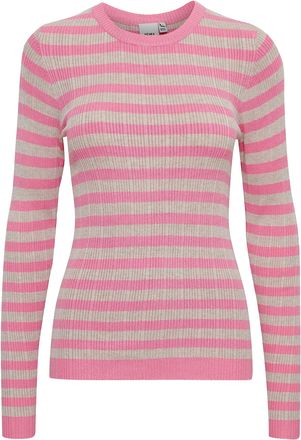 Ichi IHMAFA LS7 Damen T-Shirt Kurzarm Shirt gestreifter Strickpullover mit Rundhalsausschnitt Slim-fit, Größe:L, Farbe:Chateau Rose (172120)