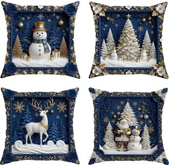 Generic Winter-Weihnachts-Kissenbezüge, 4er-Set, marineblau, weihnachtliches Thema, dekorative Kissenbezüge, elegante goldene Weihnachtsdekoration, Bauernhaus