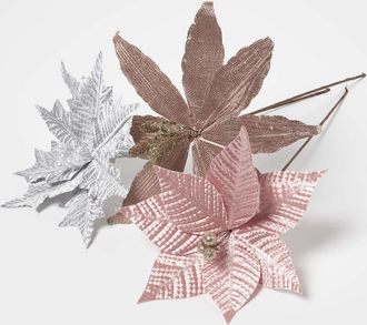 Homescapes Poinsettia Weihnachtsdeko, 3er-Set k&uuml;nstliche Stielblumen Weihnachtsstern in Silber, Rosa und Ros&eacute;gold, je 45 cm