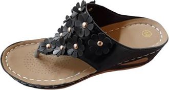 Generic Sandales à semelle épaisse en cuir de couleur unie pour femme - Décoration florale - Bout à clip, Noir, 39.5 EU X-Étroit