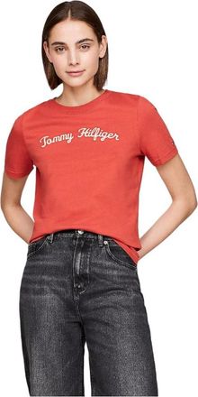 Tommy Hilfiger Damen T-Shirt Kurzarm Regular Rundhalsausschnitt, Rot (Terra Red), XXS