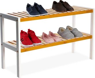 Relaxdays Schuhregal, HxBxT: 33 x 70 x 26 cm, Bambus, 2 Ebenen, 6 Paar Schuhe, Schuhständer Gitterablagen, Natur/weiß