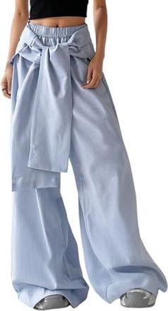 Generic Vestes pour femmes, pantalon palazzo fluide, taille haute, pantalon large &agrave; jambes larges, tenue d&eacute;t&eacute; 2025, bleu, XXL