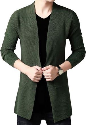 Generic Cardigan long pour homme avec poches - Pull dhiver &agrave; poche lat&eacute;rale pour homme - Couleur unie - Manteau ouvert sur le devant, Vert, XL