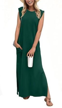 Generic Robe longue d&eacute;t&eacute; d&eacute;contract&eacute;e sans manches pour femme 2026 - Coupe ample et tendance - Pour les vacances et la plage, vert fonc&eacute;, XXL
