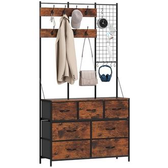 HOMCOM Meuble dentrée 4 en 1, portemanteau, vestiaire avec 7 tiroirs pliables en tissu et 14 crochets, style industriel, pour couloir, entrée, chambre, noir 