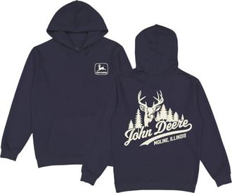 John Deere Sweat à capuche bleu foncé à manches longues avec logo et imprimé cerf dans le dos pour les agriculteurs et les fans de plein air, bleu marine, XL