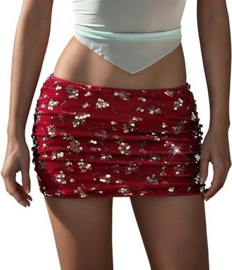 Generico Jupe courte de carnaval brillante et sexy pour femme avec paillettes d&eacute;grad&eacute;es argent&eacute;es Mini jupe avec franges et paillettes Taille &eacute;lastique, Vin, M