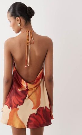 SNDYS Neckholder-Minikleid aus Satin in Orange mit Blumenmuster, Wasserfallausschnitt und tiefem R&uuml;ckenausschnitt
