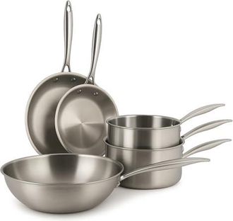 Menastyl Cuisson Batterie de cuisine 5 pièces inox 18/10 Triply tous feux dont induction fabriquée en France sans PFAS - Compatible lave-vaisselle - 2 poêles, 2 casser