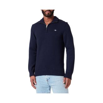 GANT Pull Over D&eacute;contract&eacute; en Coton avec Demi-Fermeture &Eacute;clair - Homme - Pulls - Bleu - Taille: L