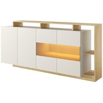 Vente-Unique Vente-Unique - Buffet 4 portes 4 niches avec LEDs - Beige et naturel clair - Panneau de particule et verre tremp&eacute; - Charge max 50 kg - Dimensions