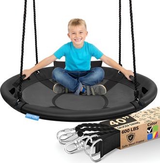 SereneLife Netschaukel Outdoor, Tellerschaukel- H&ouml;henverstellbar f&uuml;r Kinder & Erwachsene, &Oslash; 101 cm, bis 320 kg Belastbar, inkl. Kissen, Tragetasche & Aufh&auml;ngeset