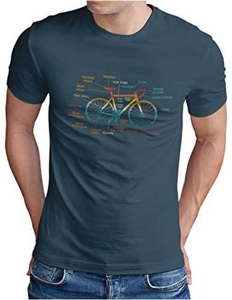 OM3 T-shirt de vélo avec désignations de pièces - Homme - Bicycle de course Bike Parts Cyclisme - S - 5XL, denim, L