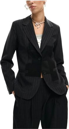 Desigual Femme, Vestes, Gris, Taille: 44 FR Blazer &agrave; rayures avec col &agrave; revers et poches avant