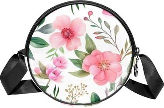 Generic Petit sac &agrave; bandouli&egrave;re circulaire pour femme, motif feuilles florales, sac &agrave; dos avec fermeture &eacute;clair, bretelles r&eacute;glables, sac &agrave; main rond d&eacute;contra