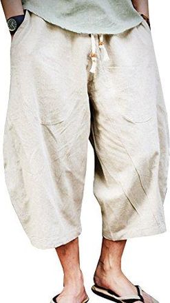 LaoZanA Homme Sarouel 3/4 Shorts Bermudas Pantalon Taille Elastique Baggy Large Pantacourt Décontracté Léger Pantalon en Lin Beige 4XL