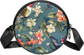 Generic Petit sac &agrave; bandouli&egrave;re circulaire pour femme, motif colibri, floral, sac &agrave; dos &agrave; bandouli&egrave;re avec fermeture &eacute;clair, bretelles r&eacute;glables, sac &agrave; main r