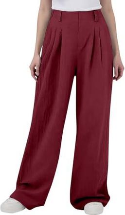 Generic Pantalon en coton et lin pour femme - Jambe large - Pantalon de plage d&eacute;t&eacute; pour femme - Confortable - Pantalon de yoga Palazzo XIYU26036, Rouge, XXL