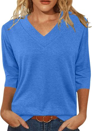 Minetom T Shirt Damen 3/4 Arm V-Ausschnitt T-Shirt Sommer Oberteil Pullover Herbst Basic Shirts A Blau XXL