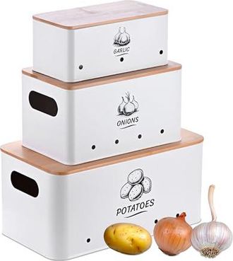 Relaxdays Aufbewahrungsbox 3er Set, Kartoffeln, Zwiebeln, Knoblauch, Gem&uuml;sebox Deckel, Vorratsdose K&uuml;che, Metall, wei&szlig;