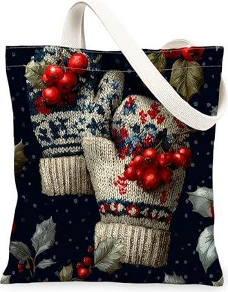 Generic Sacs fourre-tout en toile avec motif tricot&eacute; confortable, sac de courses r&eacute;utilisable, style vacances vintage, l&eacute;ger, lavable, pour salle de sport, ex