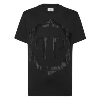 Philipp Plein Homme, Tops, Noir, Taille: 2XL T-Shirt Col Rond Hexagone