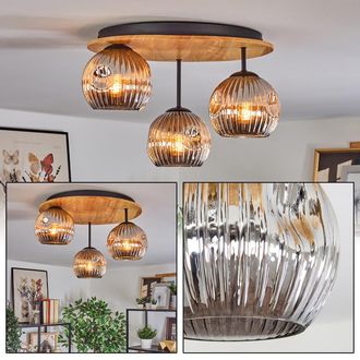 HOFSTEIN Deckenleuchte Ripoll, 3-flammige Deckenlampe aus Metall/Holz/Riffelglas in Schwarz/Natur/Chrom/Rauch, Leuchte im Retro/Vintage-Design, Schirme &Oslash; 15cm,